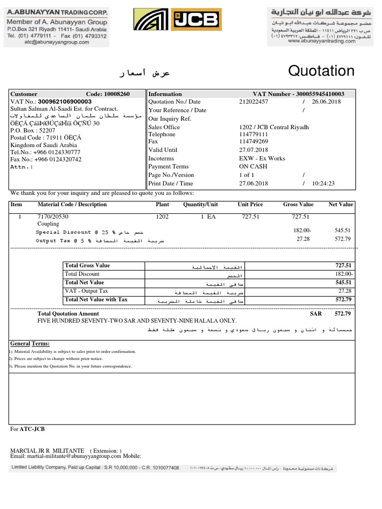 Quotation: Customer Code: 10008260 Information VAT Number ...