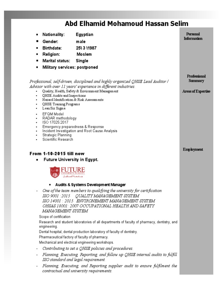 Abdelhamid Selim CV 30102019-1 | PDF | Laboratories | Audit