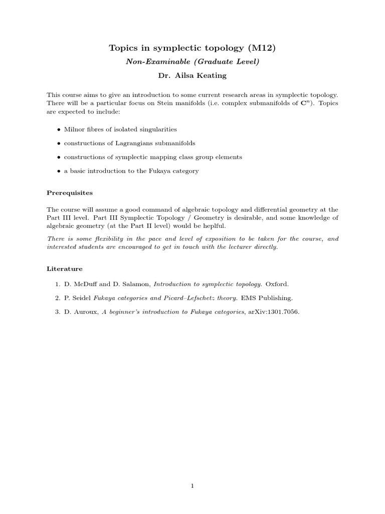 Topics in Symplectic Topology (M12) : Non-Examinable (Graduate Level ...