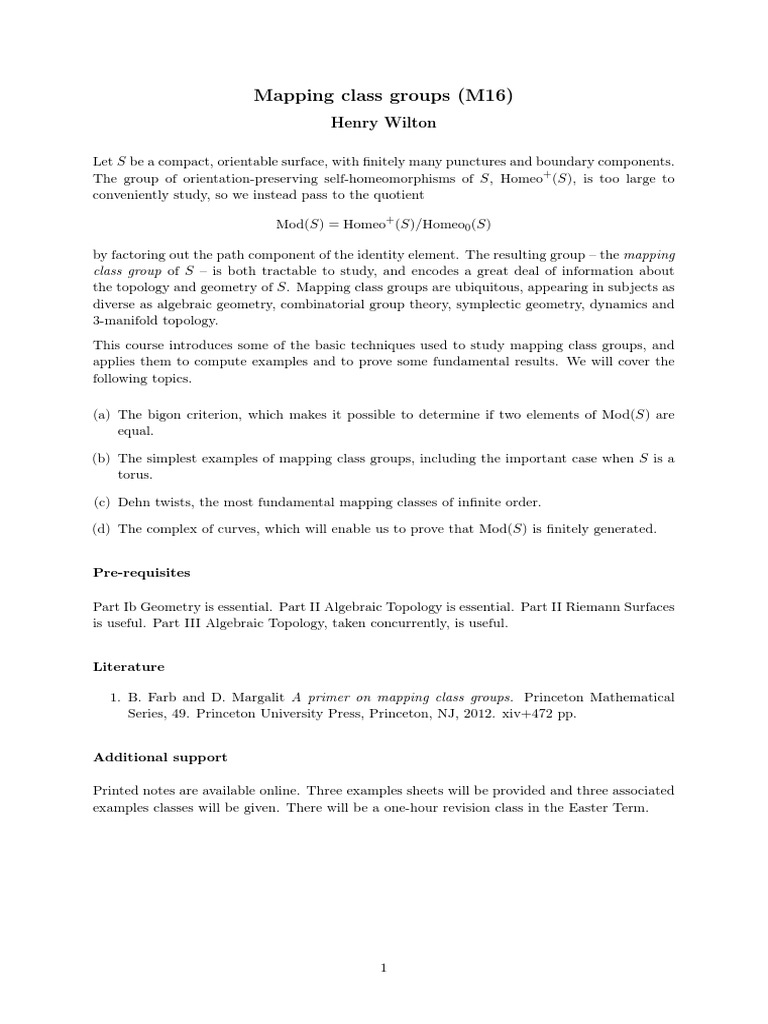 Mapping Class Groups (M16) : Henry Wilton | PDF