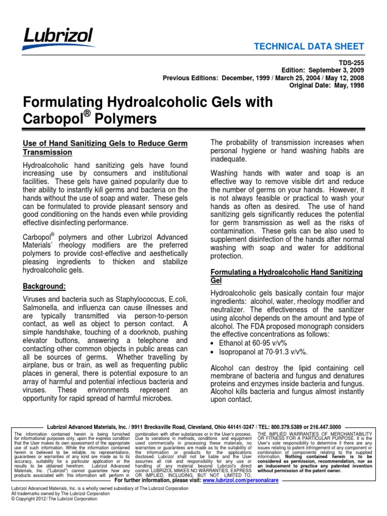 TDS-255 Formulating Hydroalcoholic Gels With Carbopol Polymers PC | PDF ...