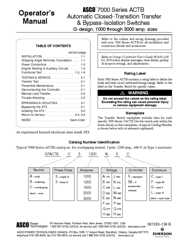 Operator's Manual: 7000 Series ACTB Automatic Closed-Transition ...