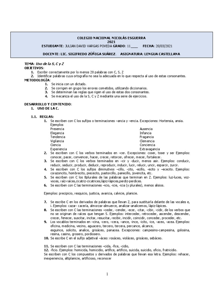 Uso de la S, C y Z en Español | PDF | Lingüística | Gramática