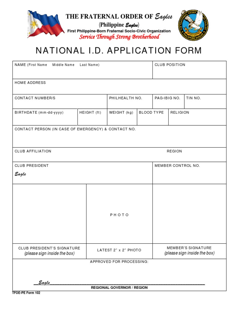 National I.D. Application Form: Eagles | PDF