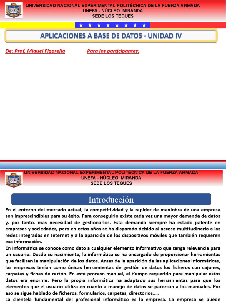 Clase Unidad Iv Aplicaciones A Base de Datos Unefa | PDF | Bases de datos | Base de datos relacional