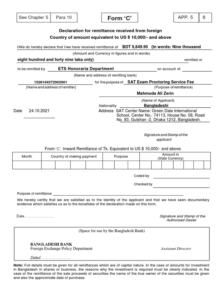 SAT Remittance Form For BRAC Bank | PDF | Remittance | International ...