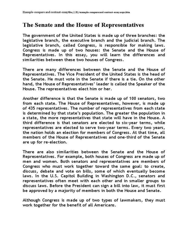 The Senate and The House of Representatives: Example-Compare and ...