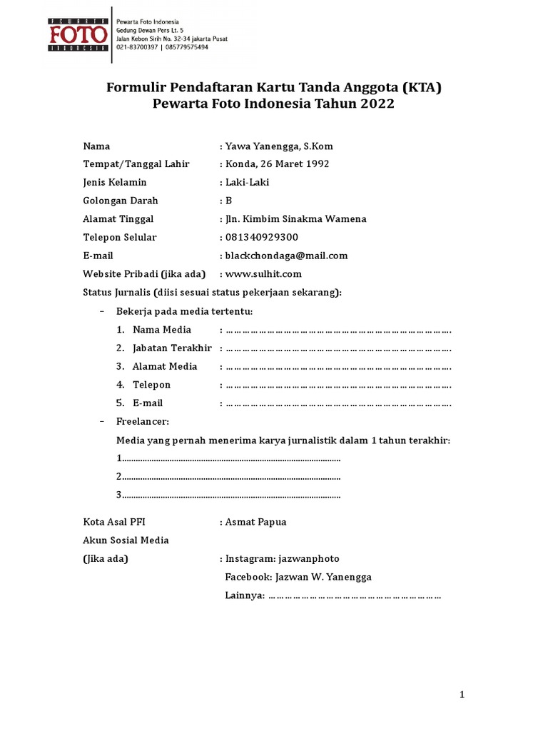 FORMULIR PENDAFTARAN KEANGGOTAAN PEWARTA FOTO INDONESIA | PDF