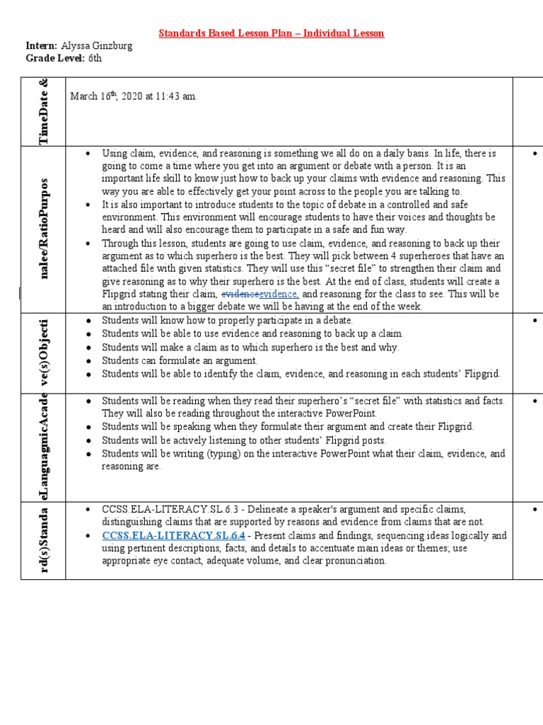 Standards Based Lesson Plan - Individual Lesson: Intern: Alyssa ...
