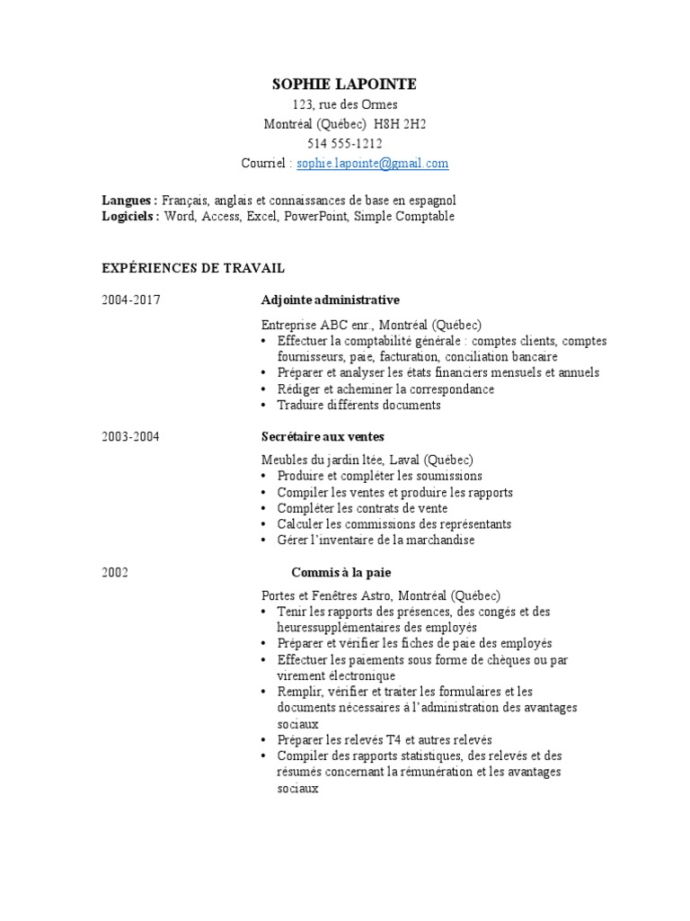Exemple de CV Chronologique Québec | PDF | Montréal | Québec