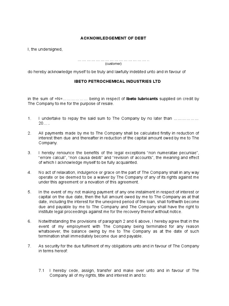 Debt Acknowledgment Form in | Download Free PDF | Jurisdiction | Debt