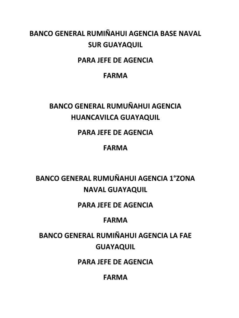 BANCO GENERAL RUMIÑAHUI AGENCIA BASE NAVAL SUR GUAYAQUIL | PDF