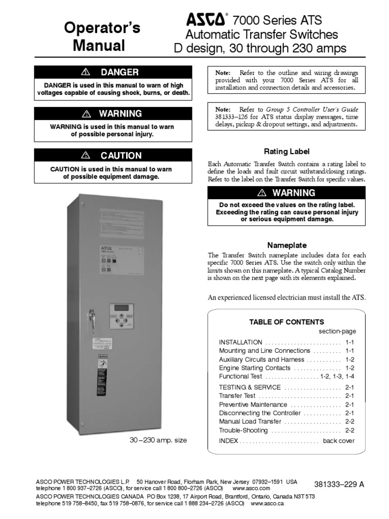 Operator's Manual: 7000 Series ATS Automatic Transfer Switches D Design ...