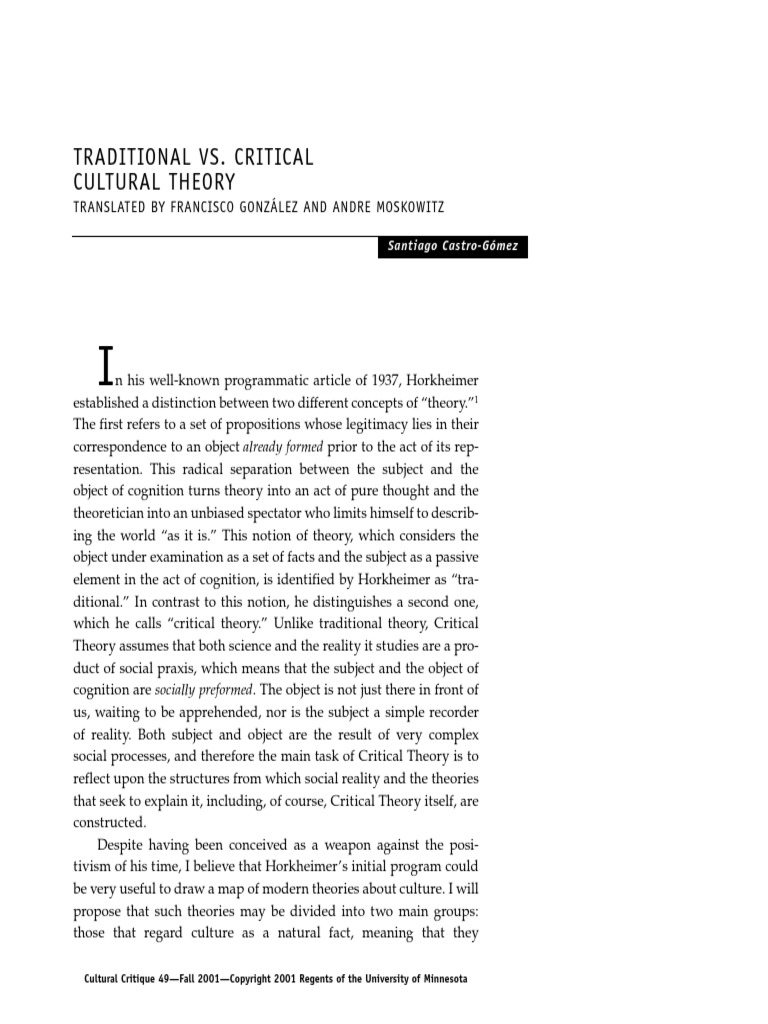 Traditional vs. Critical Cultural Theory | PDF | Metaphysics | Theory