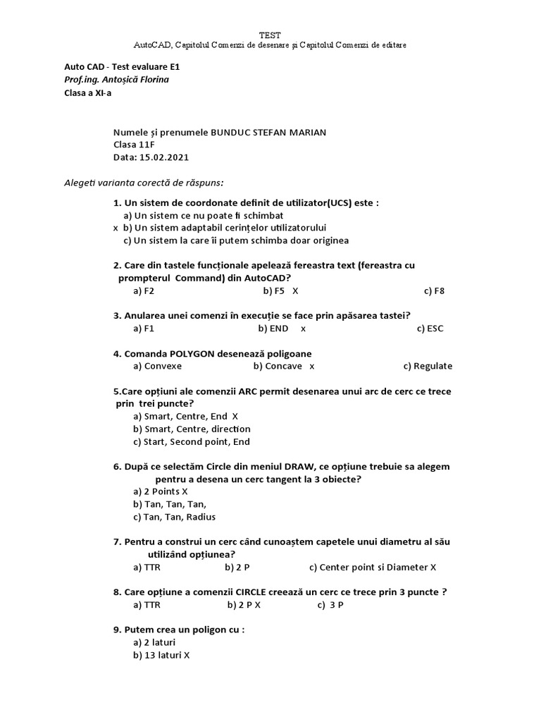 MARIAN STEFAN BUNDUC - Test 1 - Autocad Comenzi de Desenare, Comenzi de ...