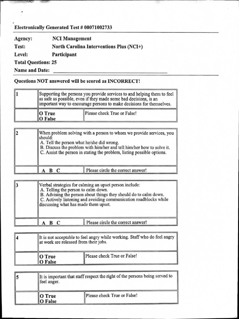 NCI Test Without Answer Sheet | PDF | Anger | Stress (Biology)
