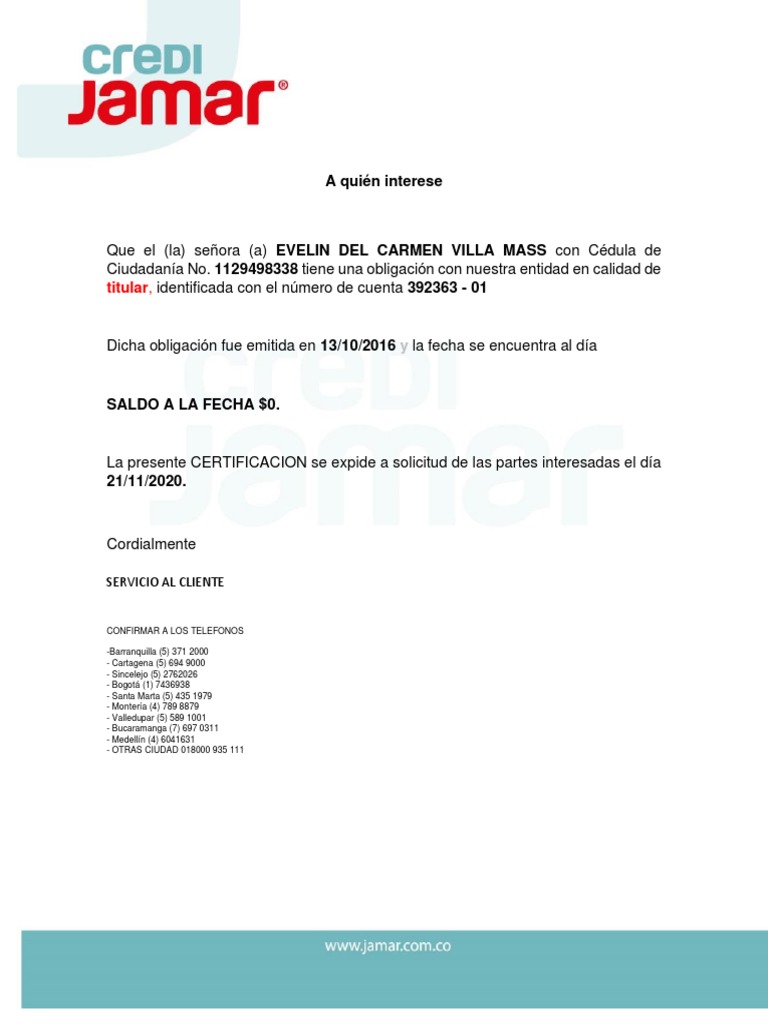 Paz y Salvo Jamar 2020 | PDF