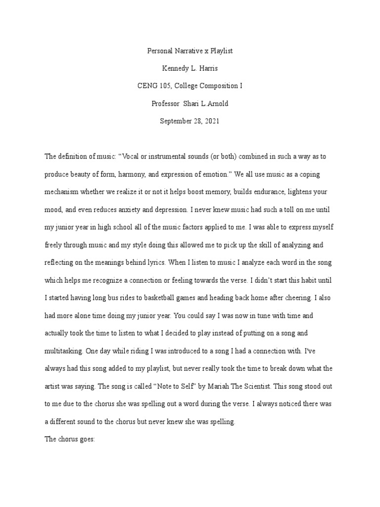 Personal Narrative X Playlist | PDF | Thought | Song Structure