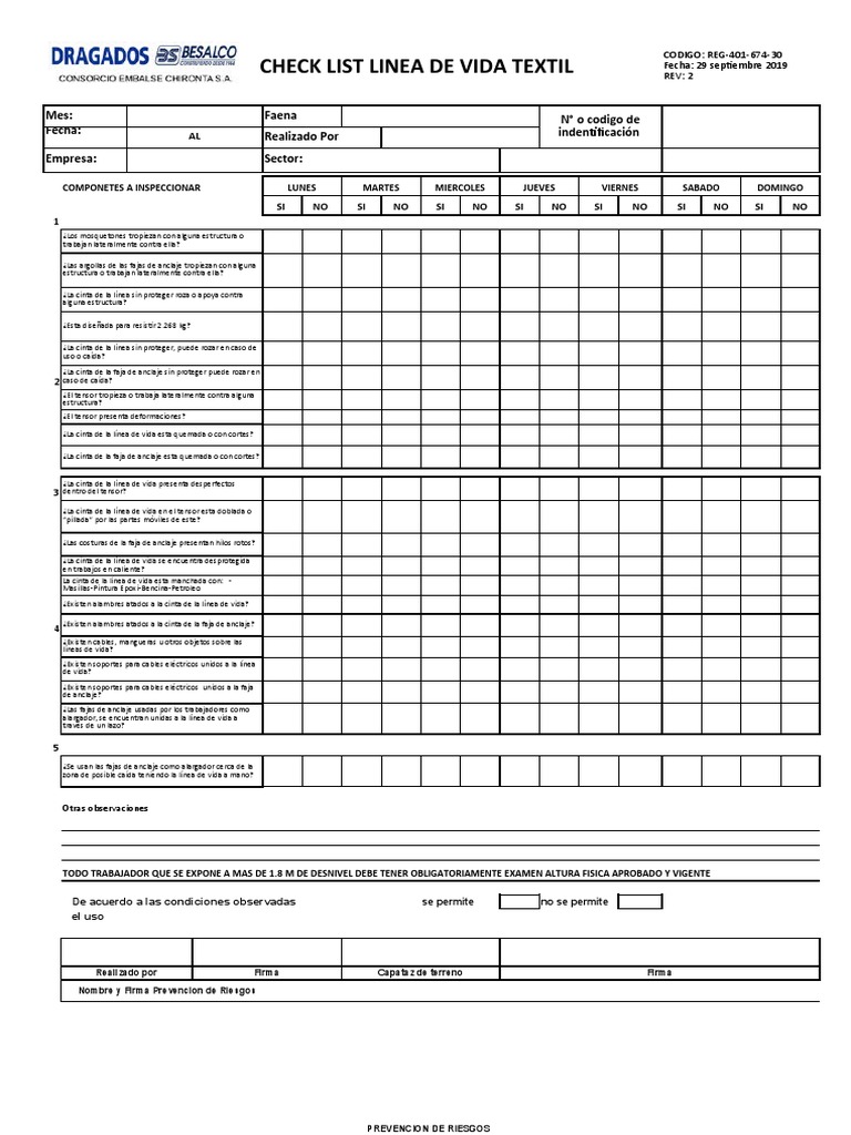 Check List Linea de Vida Textil | PDF