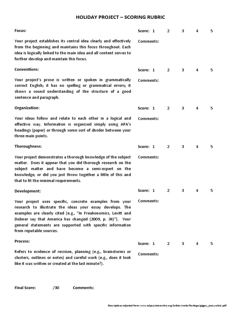 Holiday Project Scoring Rubric | PDF | Knowledge | Cognitive Science