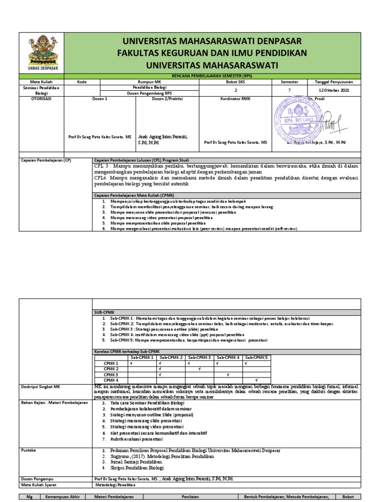 RPS Seminar Pendidikan Biologi (OBE2) - 21 | PDF | Karier & Perkembangan