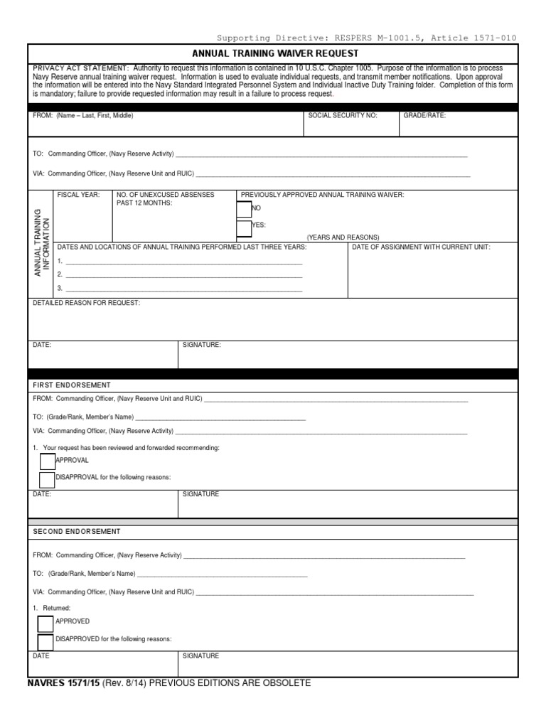 Navy Reserve Annual Training Waiver Form | PDF | Government