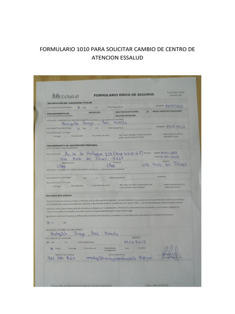 Formulario 1010 para Solicitar Cambio de Centro de Atencion Essalud | PDF