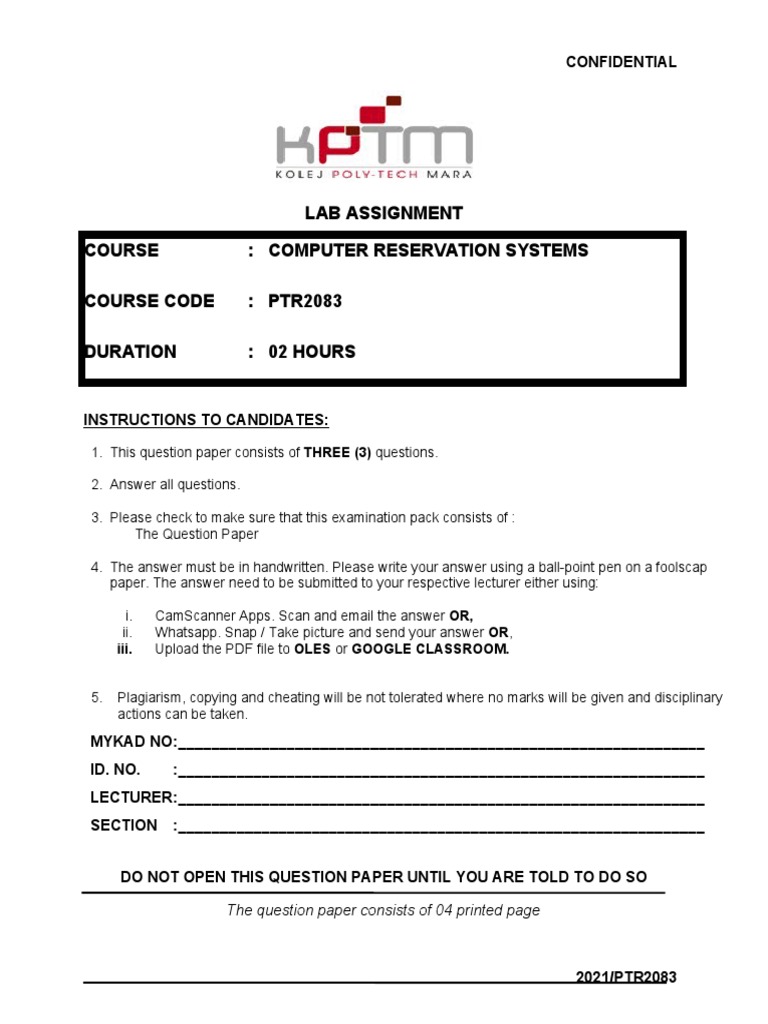 Lab Assignment Course: Computer Reservation Systems Course Code: PTR2083 Duration: 02 Hours | PDF