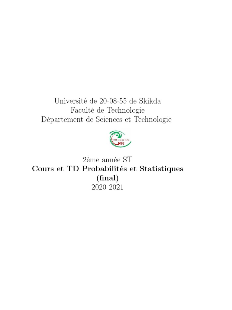 Proba Stat Cours Et TD Avec Sol (2020-2021) | PDF | Moyenne | Statistiques