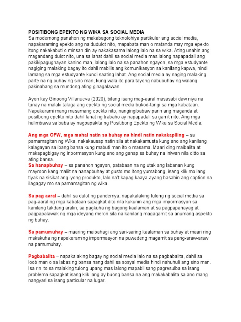 Positibong Epekto NG Wika Sa Social Media | PDF