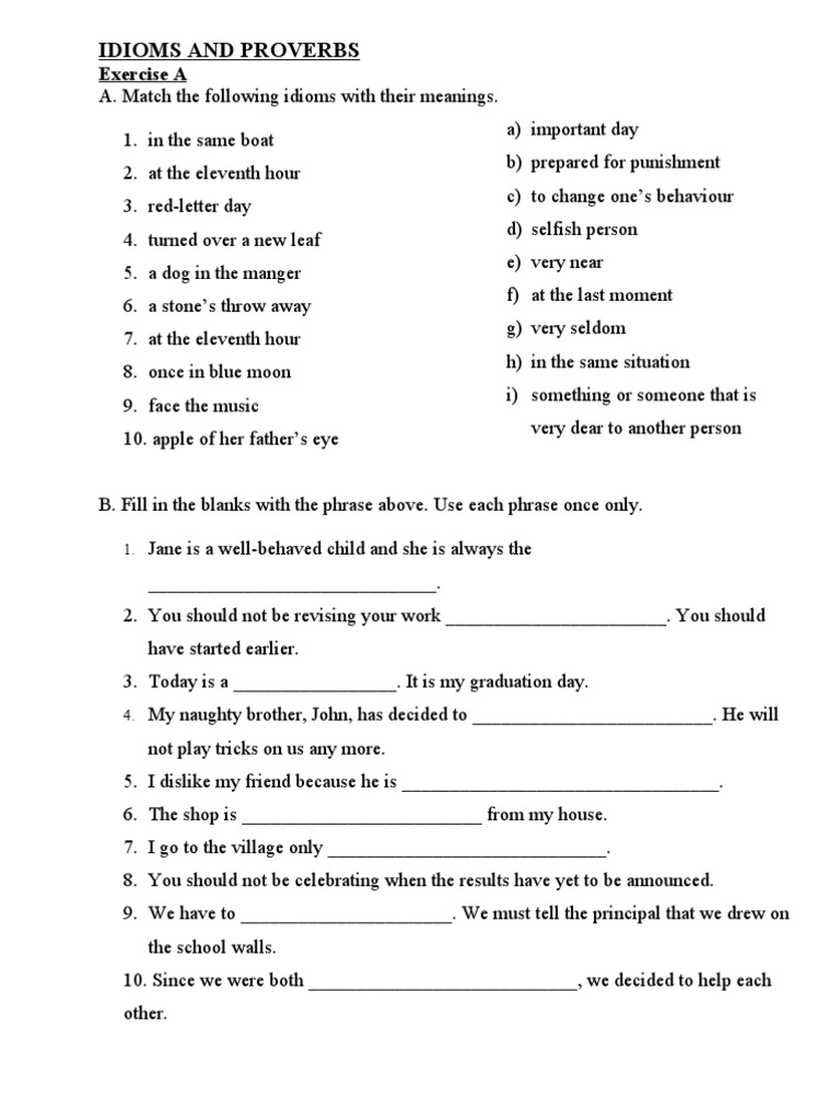 Idioms and Proverbs Exercises for Class 8 | PDF