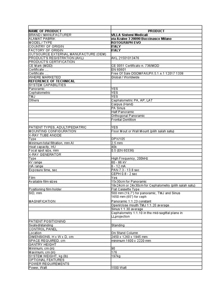 Spek Dental Panoramic Rotograph EVO | PDF | Manufactured Goods