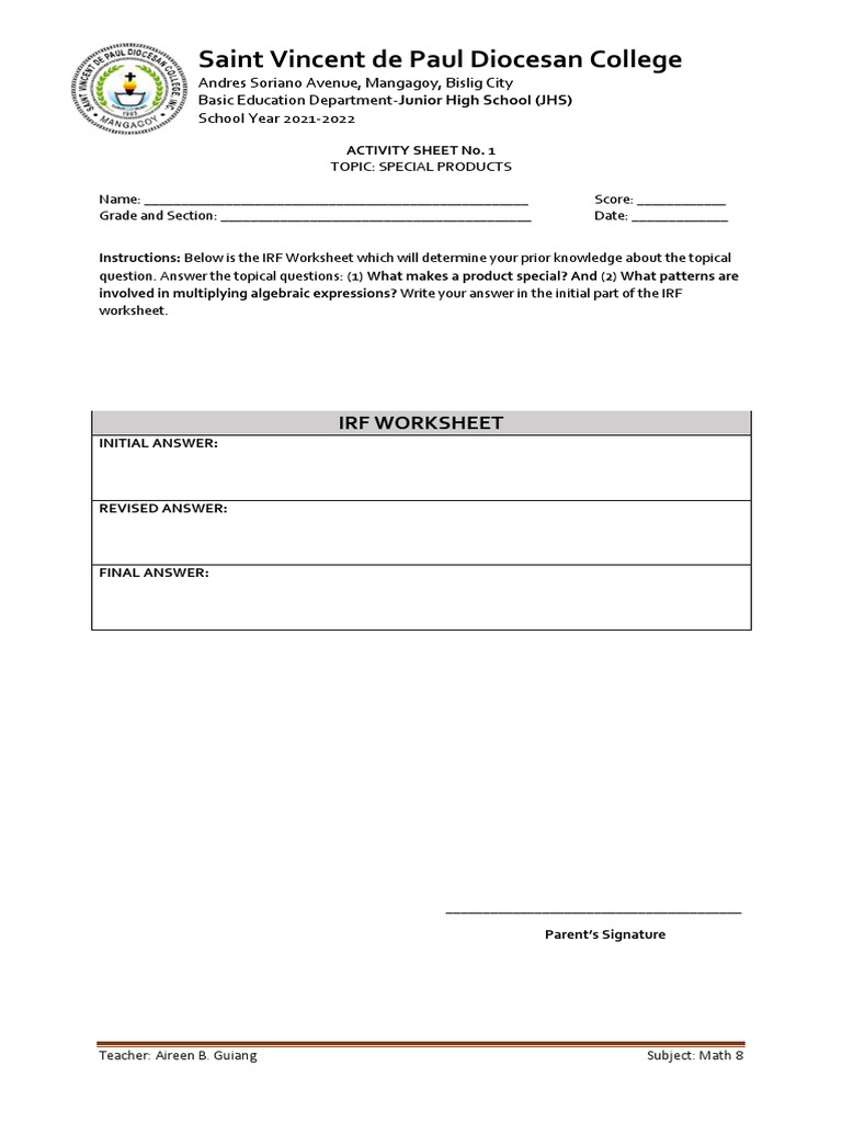 (SVPDC) Learning Activity Sheets Math 8 | PDF | Factorization | Worksheet