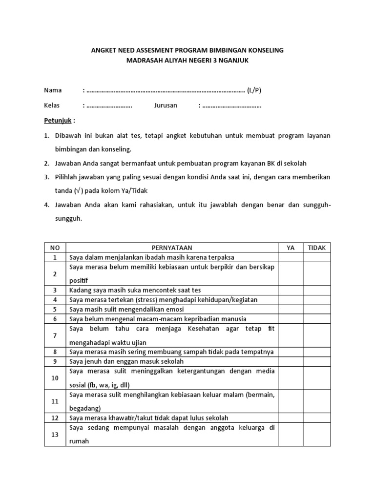 Angket Need Assesment Program Bimbingan Konseling | PDF