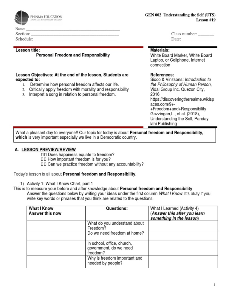 Personal Freedom and Responsibility Lesson | PDF