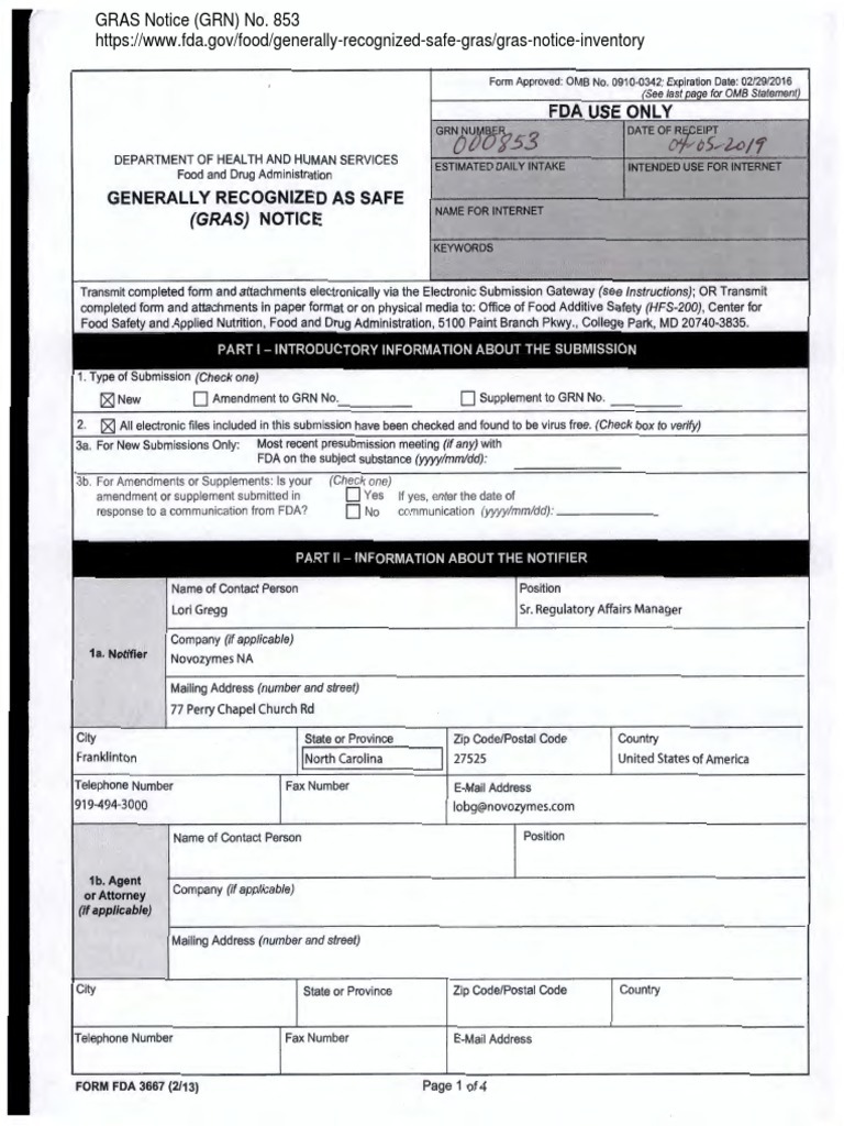 GRAS Notice GRN 853 Lysozyme Produced by Trichoderma Reesei | PDF | Gene | Federal Food