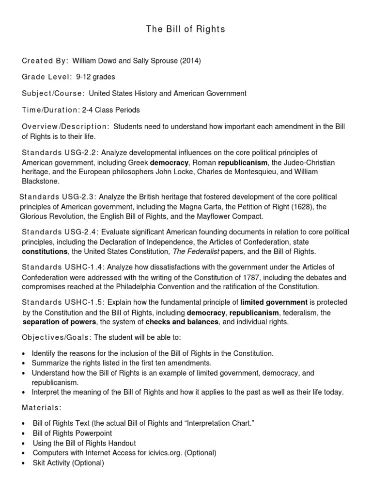 Bill of Rights Lesson Plan - 9 To 12 | PDF | Constitution | United ...