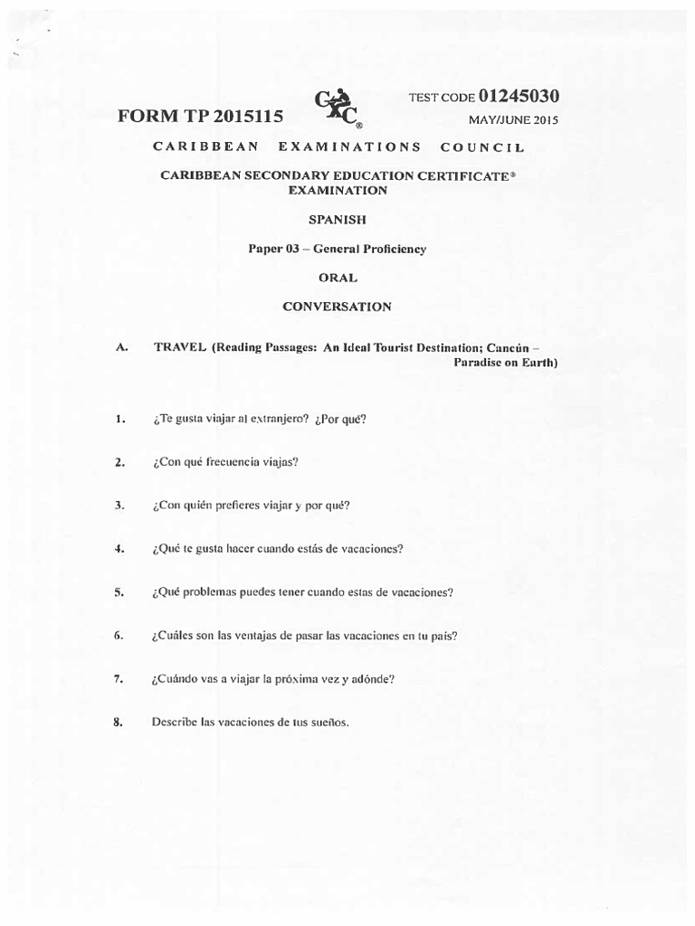 CSEC Spanish Oral June 2015 Paper 3 Ram2b7 | PDF