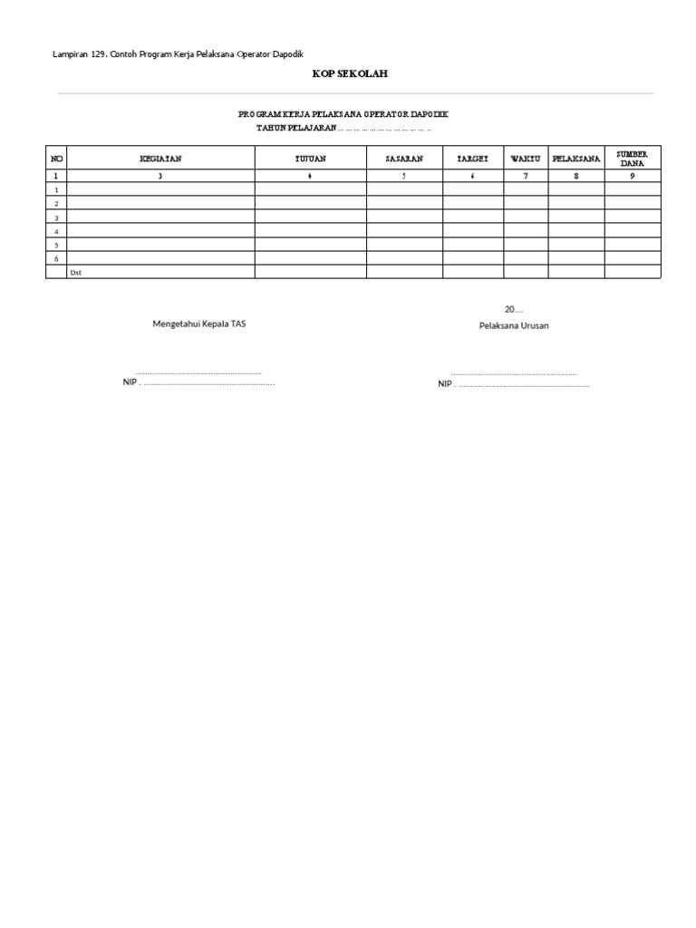 Contoh Program Kerja Pelaksana Operator Dapodik | PDF