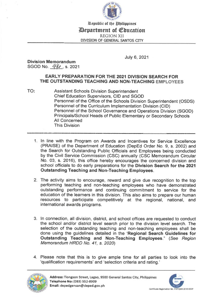 Division Memo 446, S. 2021 - Early Preparation For The 2021 Division ...