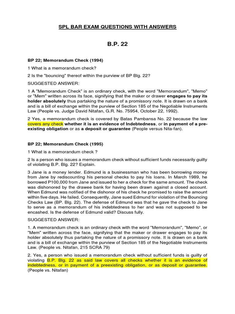 SPL Bar Exam Questions With Answers: BP 22 Memorandum Check (1994 ...