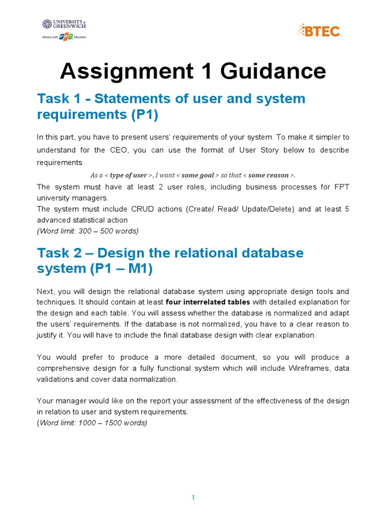 Assignment 1 Guidance: Task 1 - Statements of User and System ...