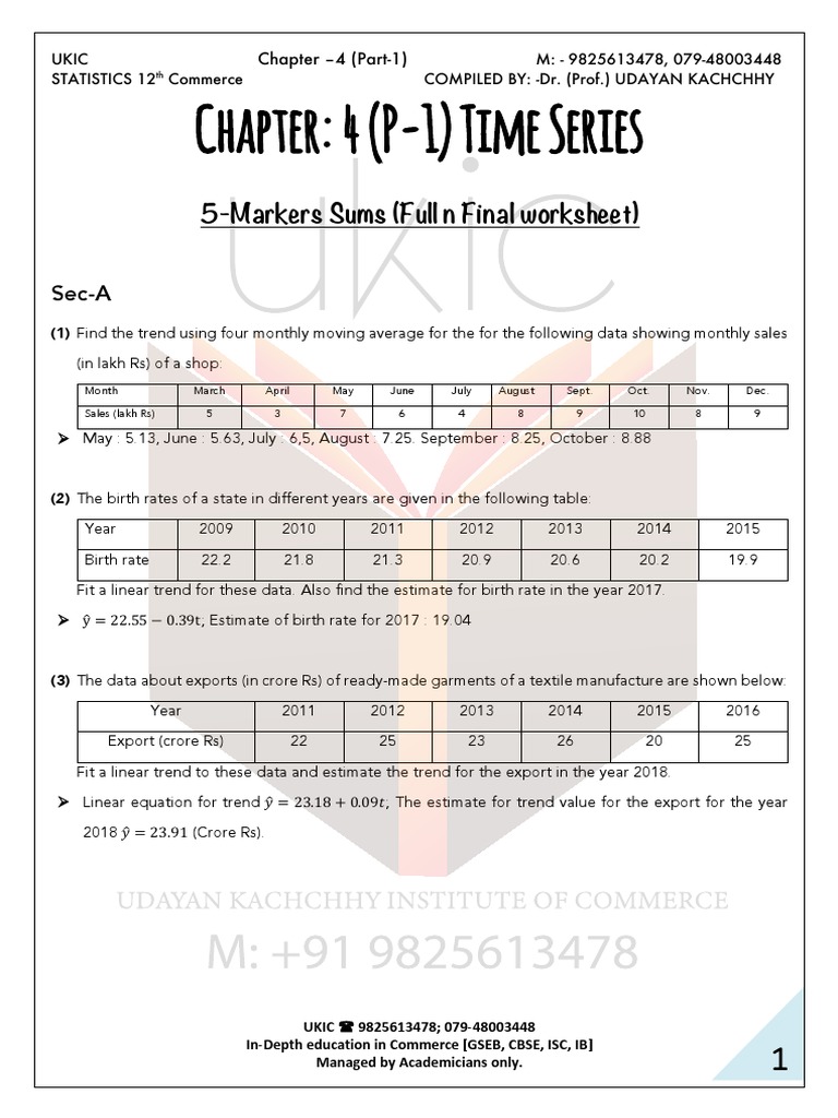Chapter: 4 (P-1) Time Series: 5-Markers Sums (Full N Final Worksheet ...