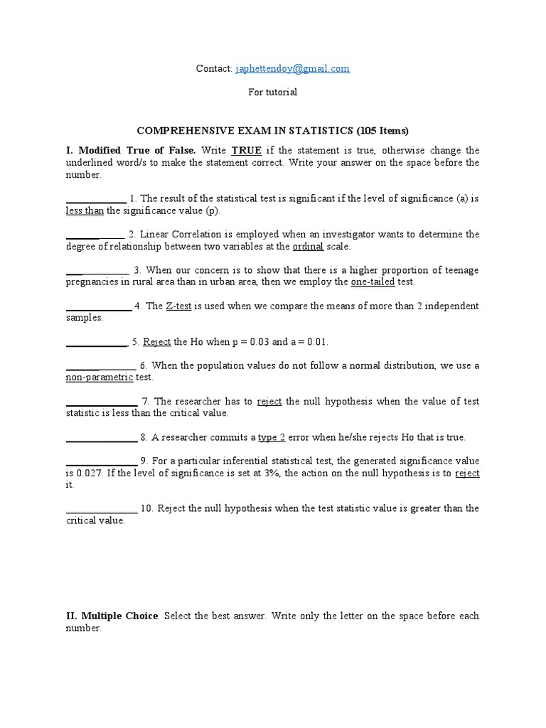 Comprehensive Statistics Exam Review | PDF | Statistical Significance ...