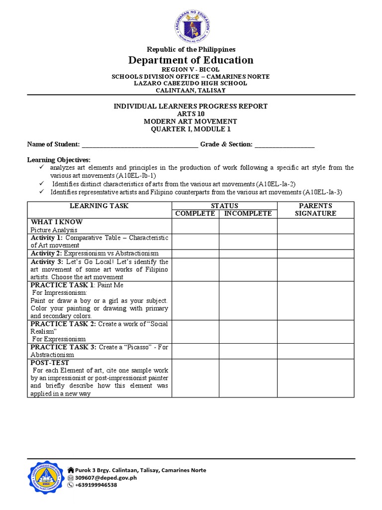 Grade 10 Q1-Art-Learners Progress Report | PDF | Abstract Art | Paintings