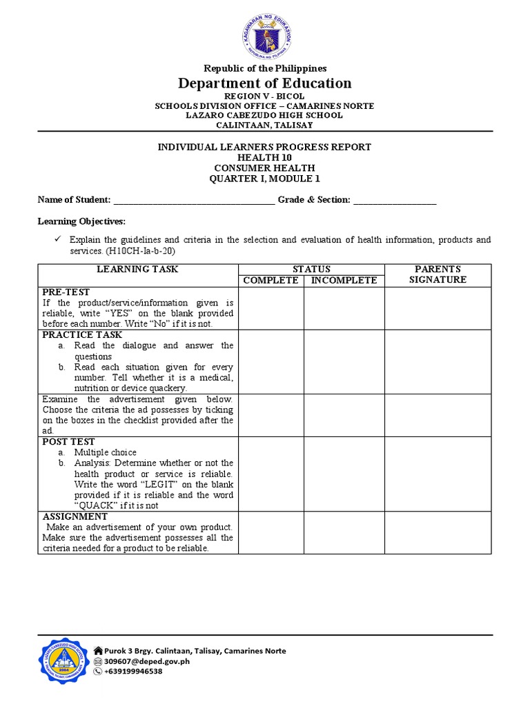 Grade 10-Q1-Health-Learners Progress Report | PDF | Alternative ...