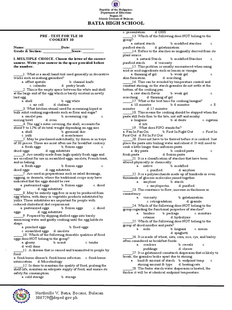 Pre Test Cookery 10 | PDF | Pasta | Starch