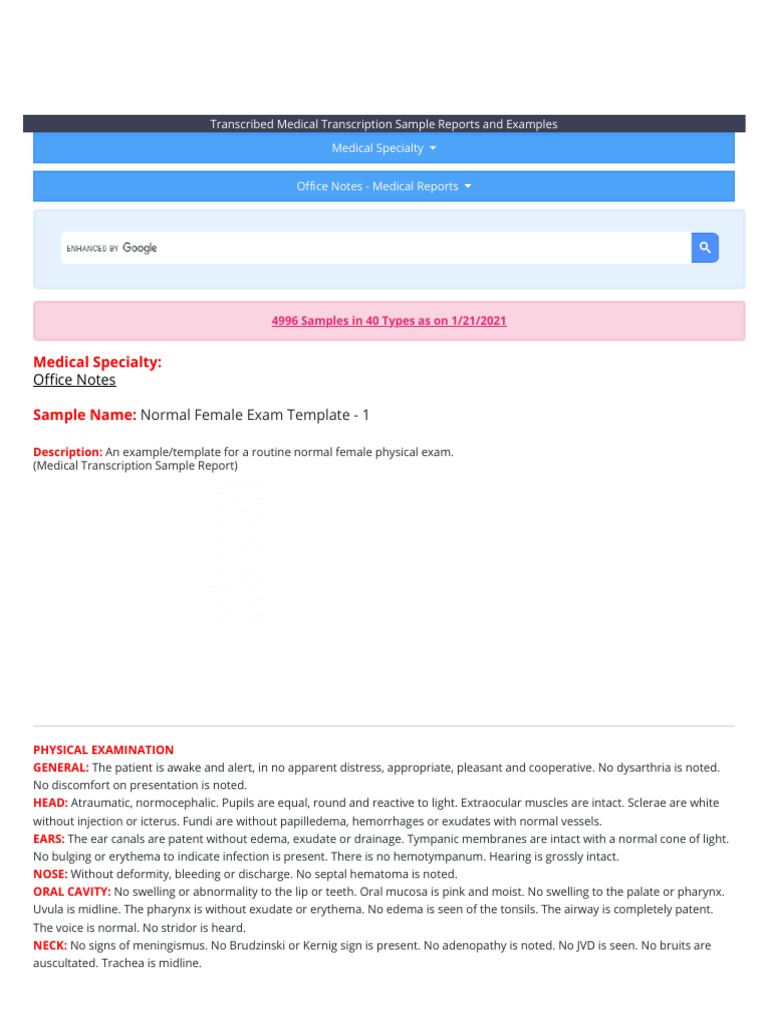 Physical Exam Sample | PDF | Medical Specialties | Clinical Medicine