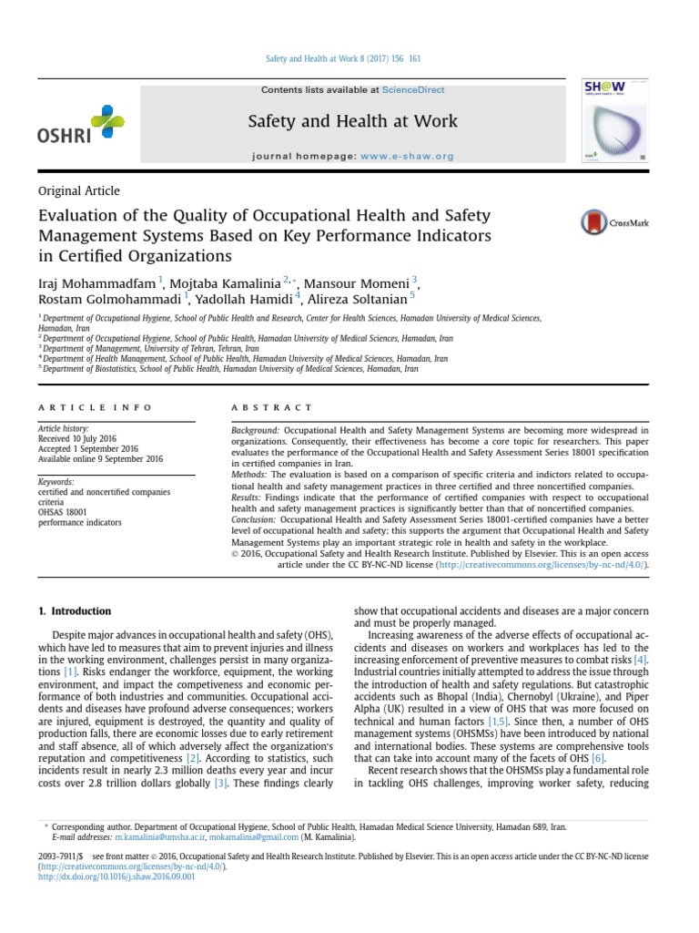 Safety and Health at Work: Original Article | PDF | Occupational Safety ...