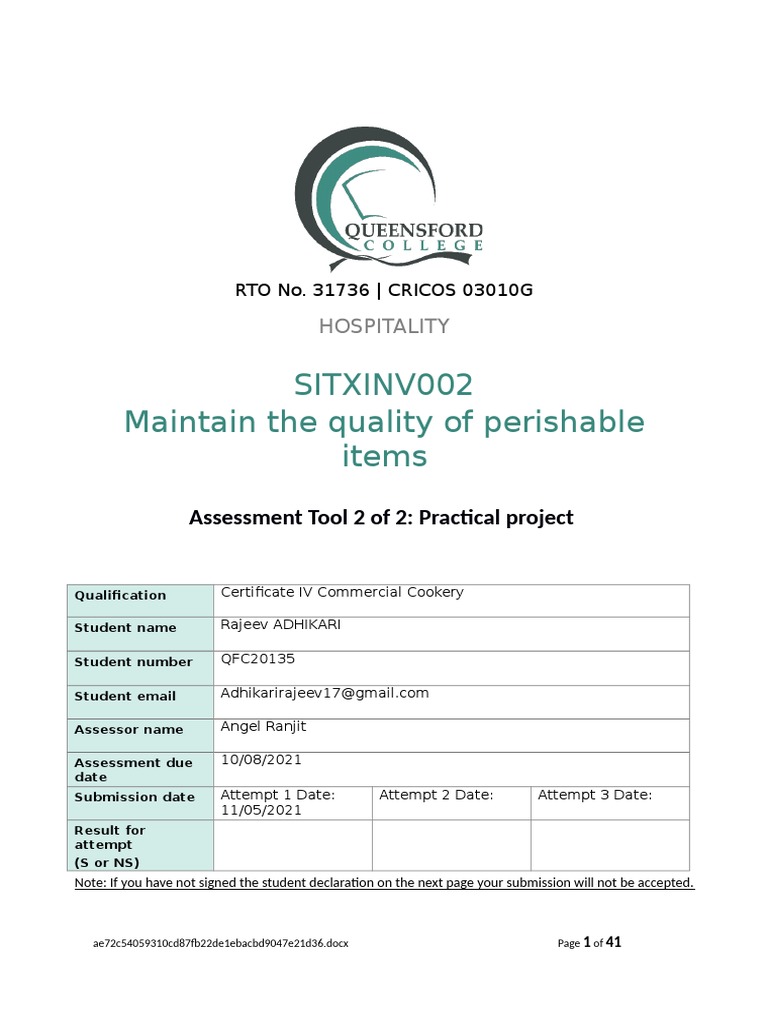 Sitxinv002 Maintain The Quality of Perishable Items: Assessment Tool 2 ...